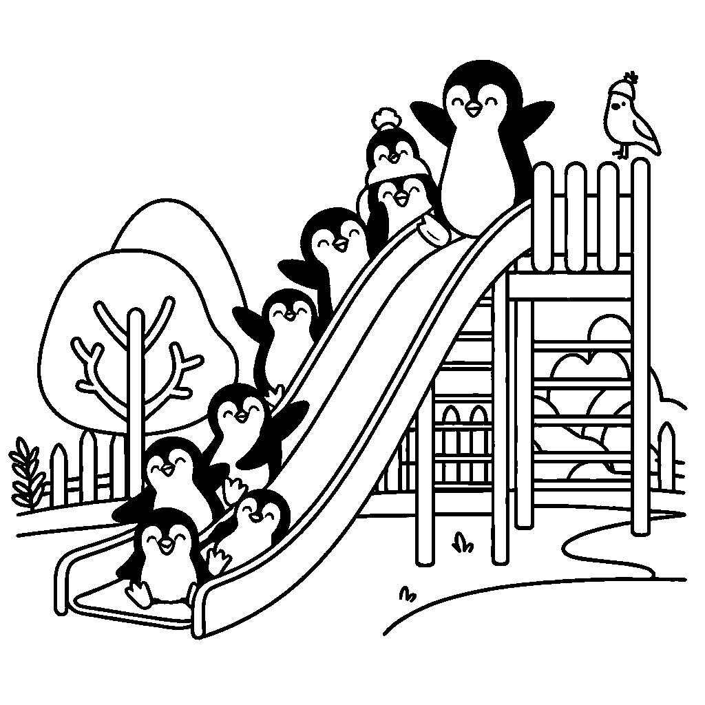 Penguin group slide park fun coloring page Lulu Pages