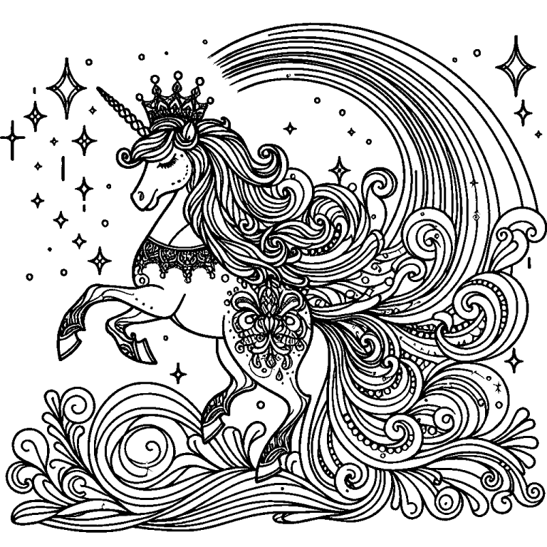 Princess unicorn and sparkling rainbow coloring page Lulu Pages