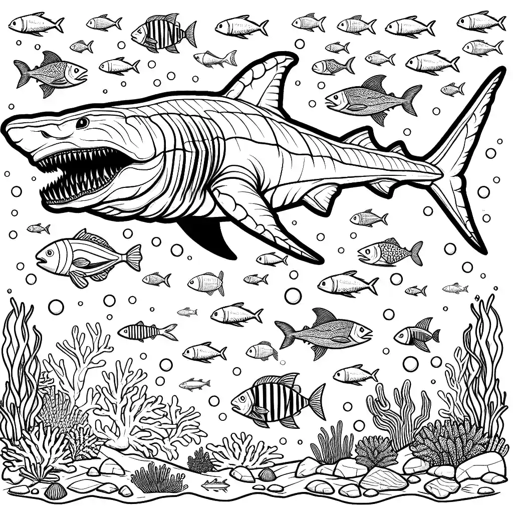 Monstrous megalodon swimming in the ocean surrounded by smaller fish ...