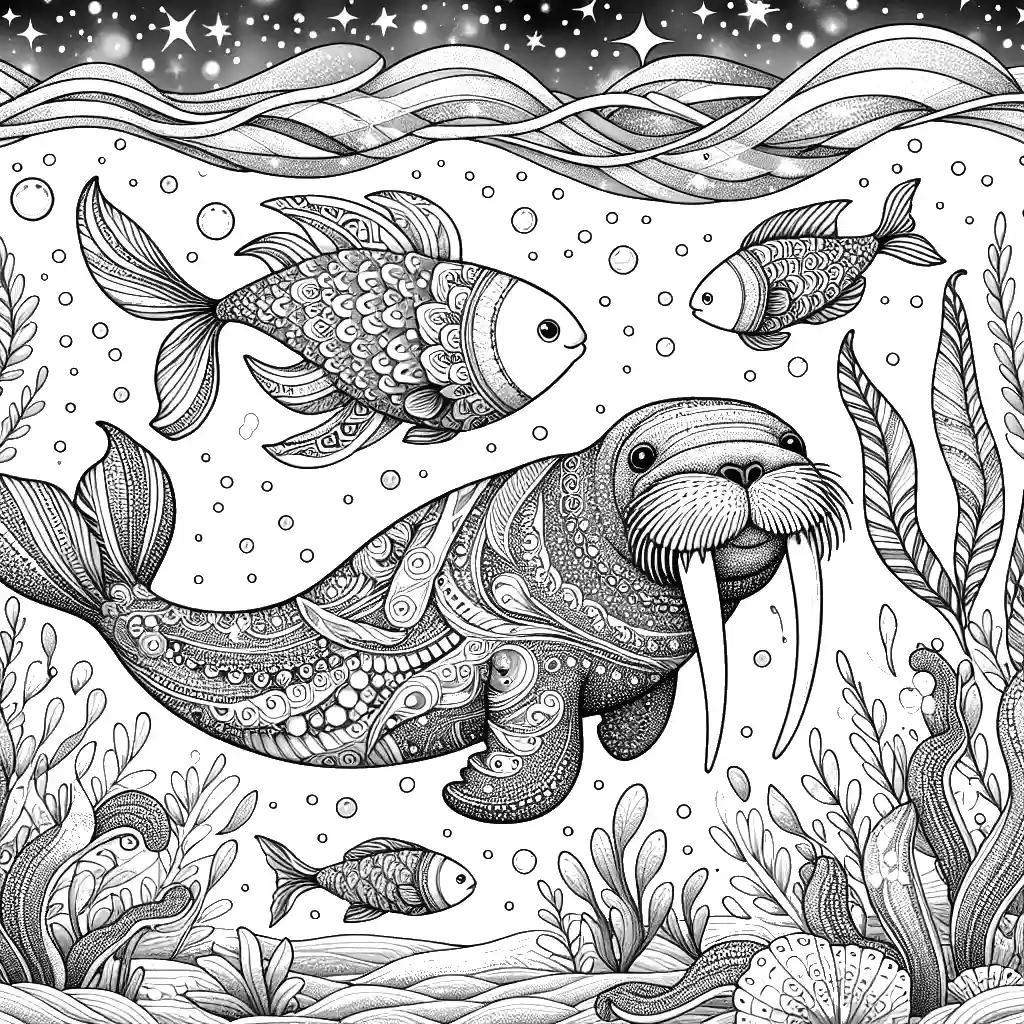 Swimming artistic walrus in the ocean mandala coloring page Lulu Pages