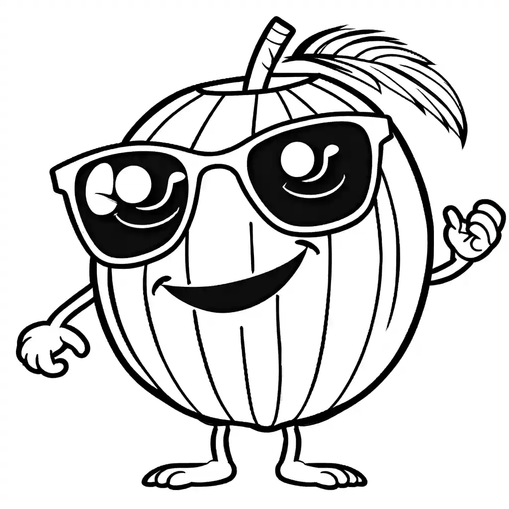 Smiling coconut with sunglasses and beach ball coloring page Lulu Pages