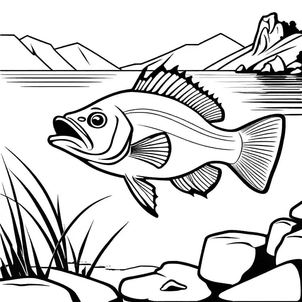 Bass fish near rocky shore coloring page Lulu Pages