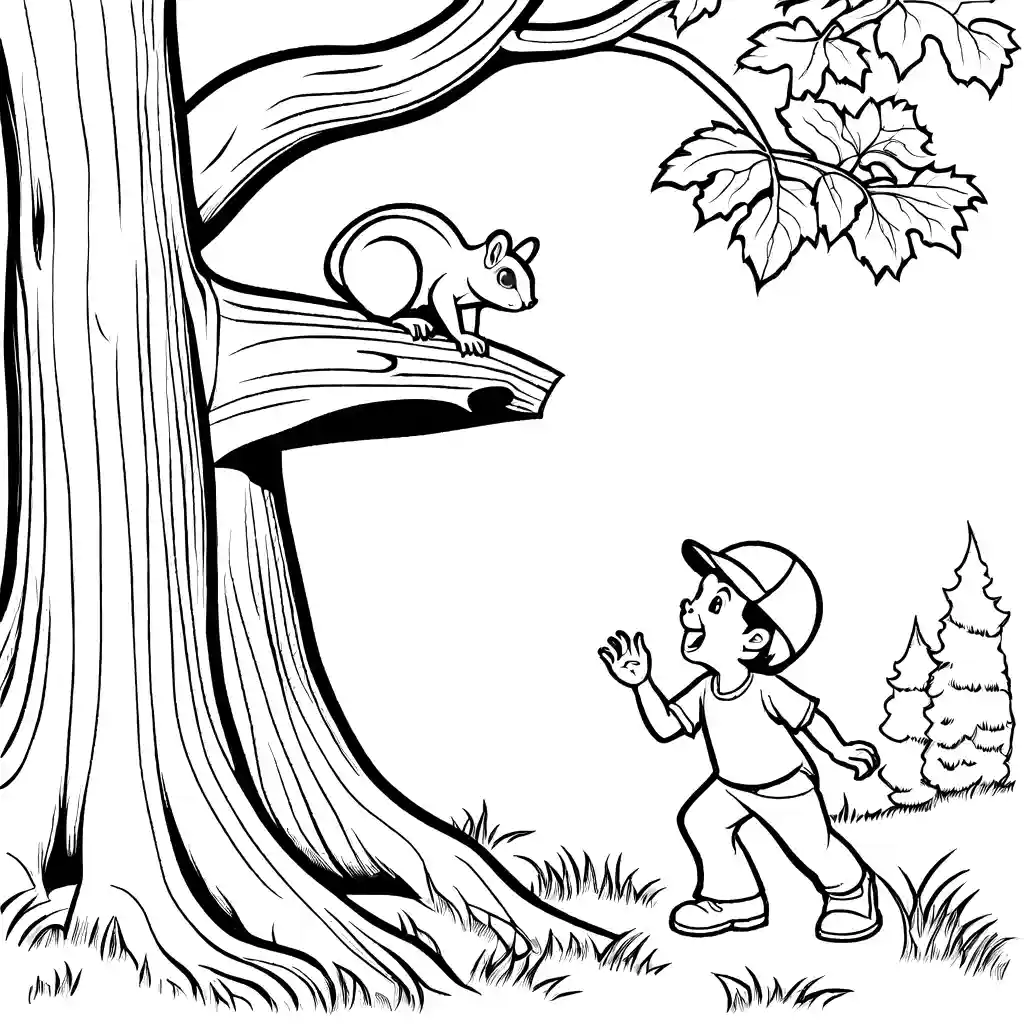 Child watching chipmunk climb tree coloring page Lulu Pages