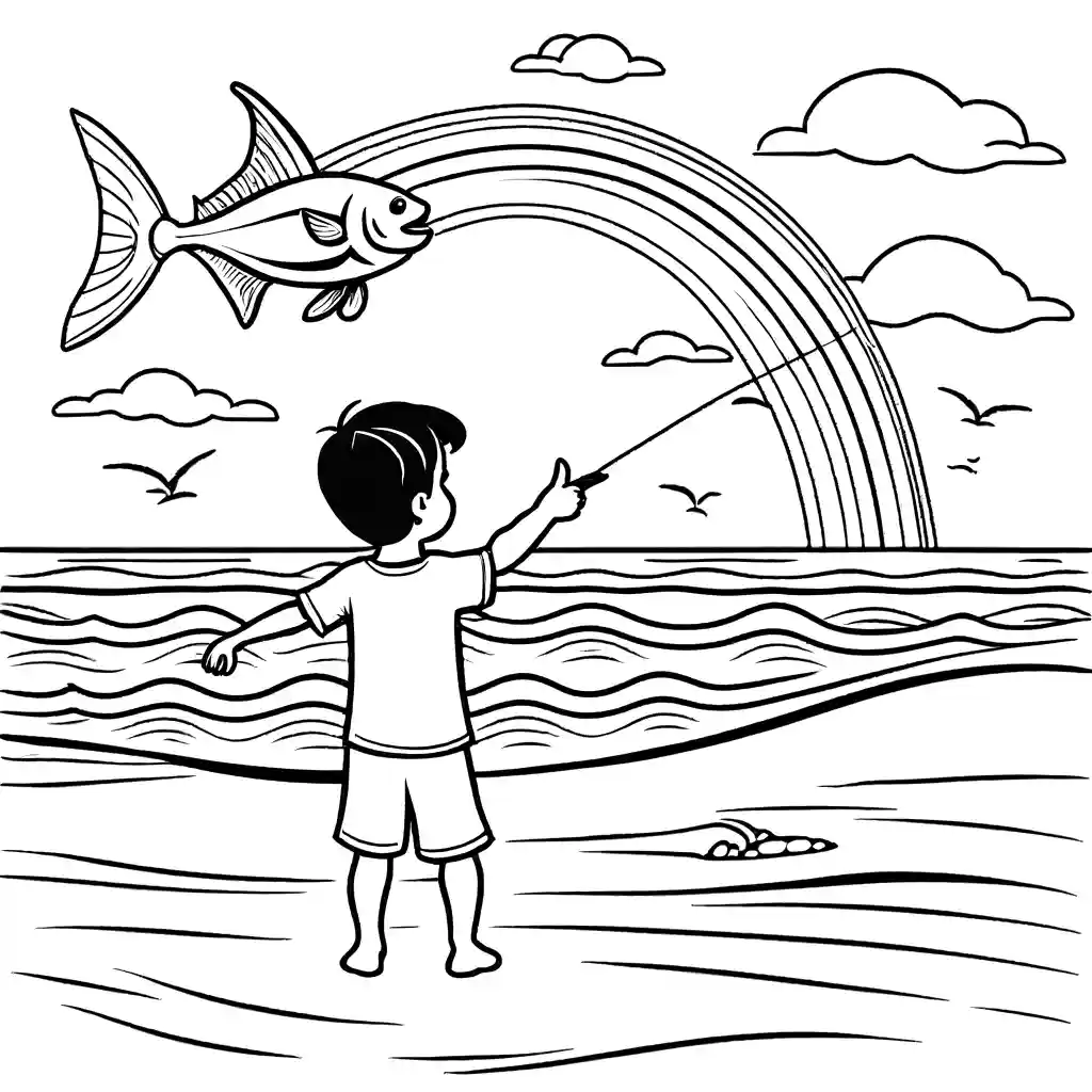 Child at beach pointing at flying fish - coloring page Lulu Pages