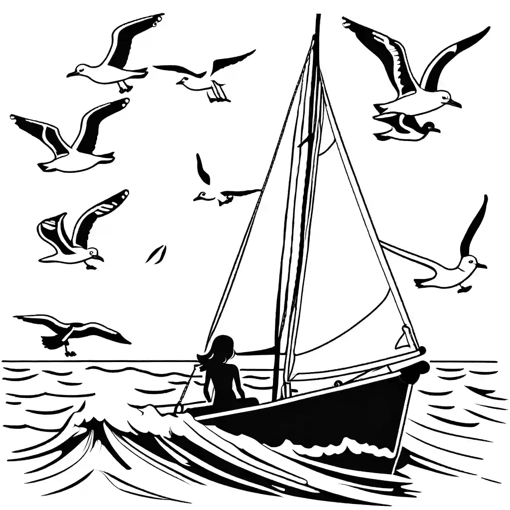 Coloring page of a sailboat with a girl Lulu Pages