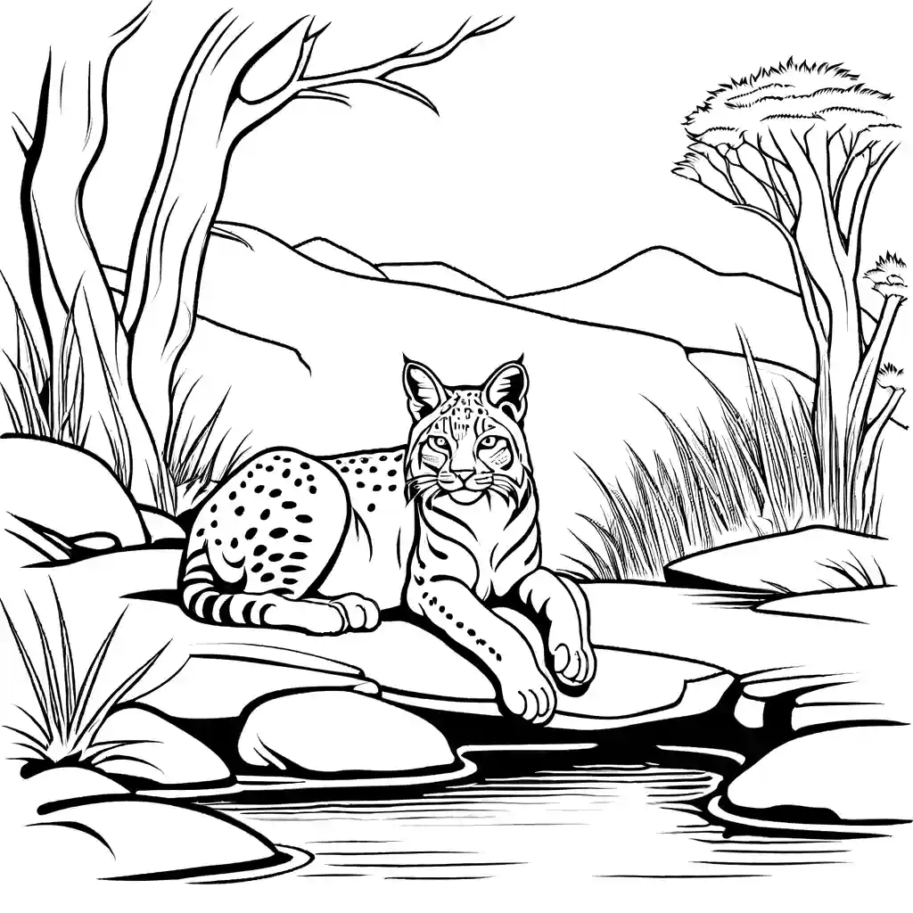 Serene bobcat by stream coloring page Lulu Pages