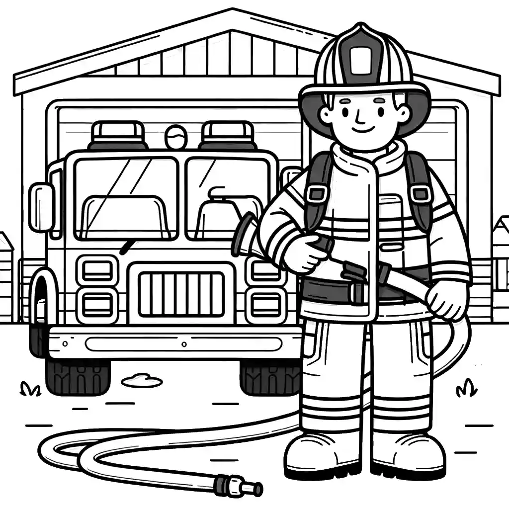 Fireman sam with hose and firetruck coloring page Lulu Pages