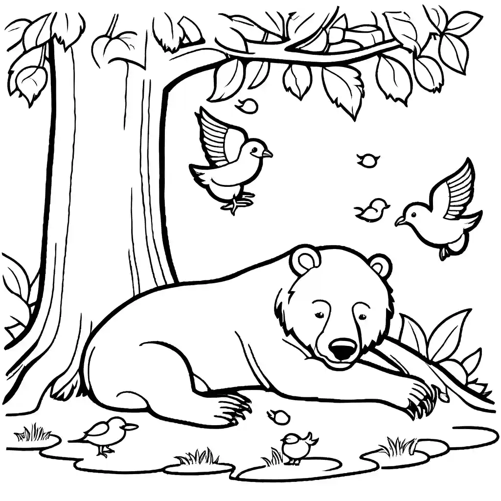 Sleepy brown bear under a tree coloring page Lulu Pages