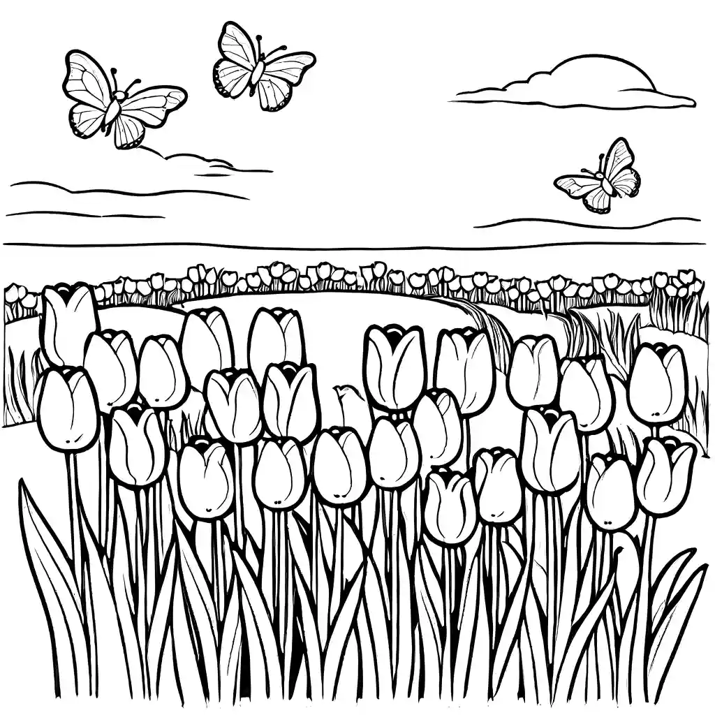 Tulip field with butterflies and bees coloring page Lulu Pages