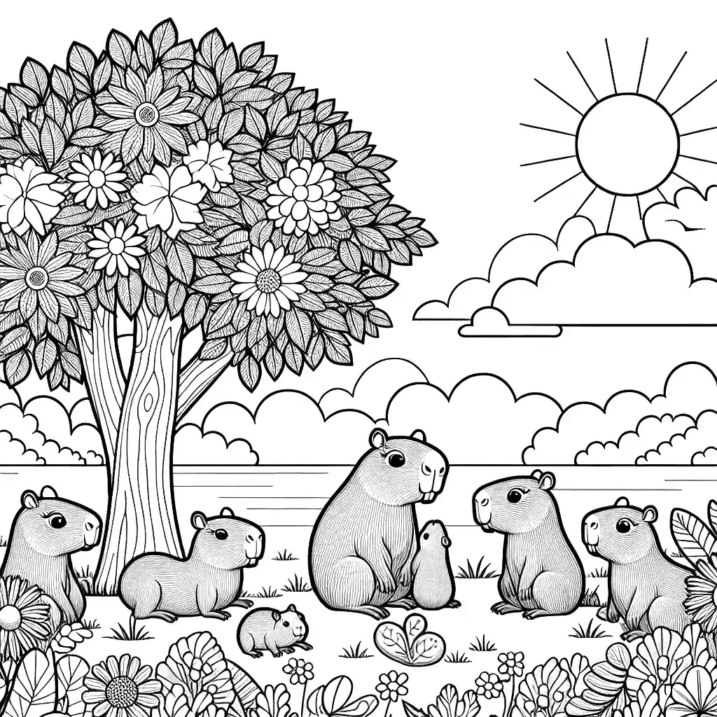Capybara family in nature coloring page Lulu Pages