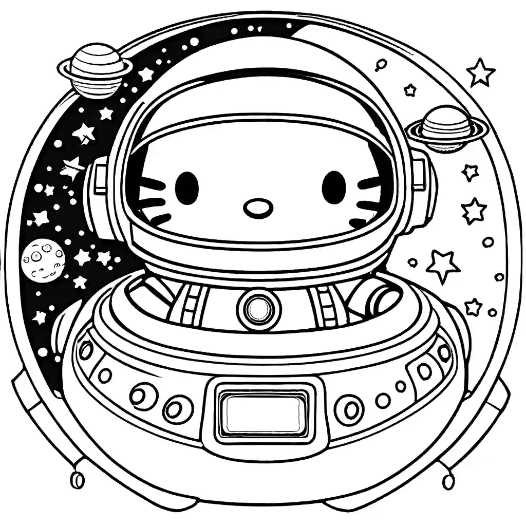 Hello kitty in space with planets and stars coloring page Lulu Pages