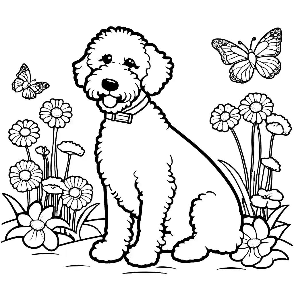 Labradoodle in a garden coloring page Lulu Pages