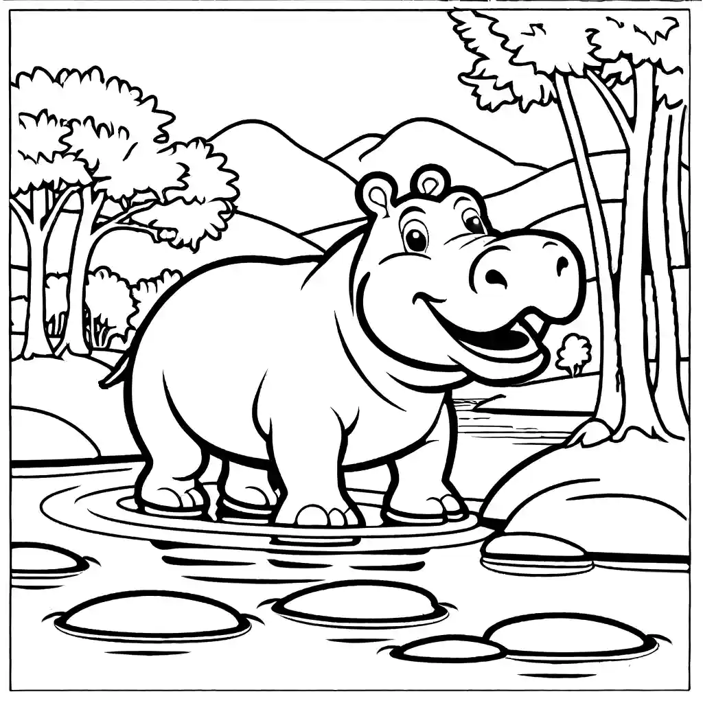 Smiling hippopotamus on riverbank coloring page Lulu Pages