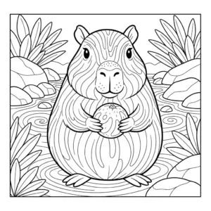 Capybara Coloring Page: Cute Animal with Orange Hat by the River Lulu Pages