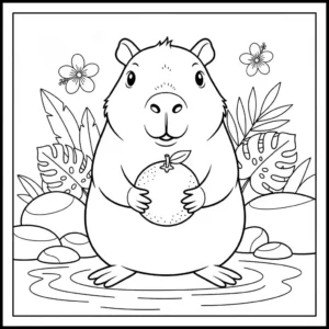 Capybara Coloring Page: Cute Animal with Orange Hat by the River Lulu Pages