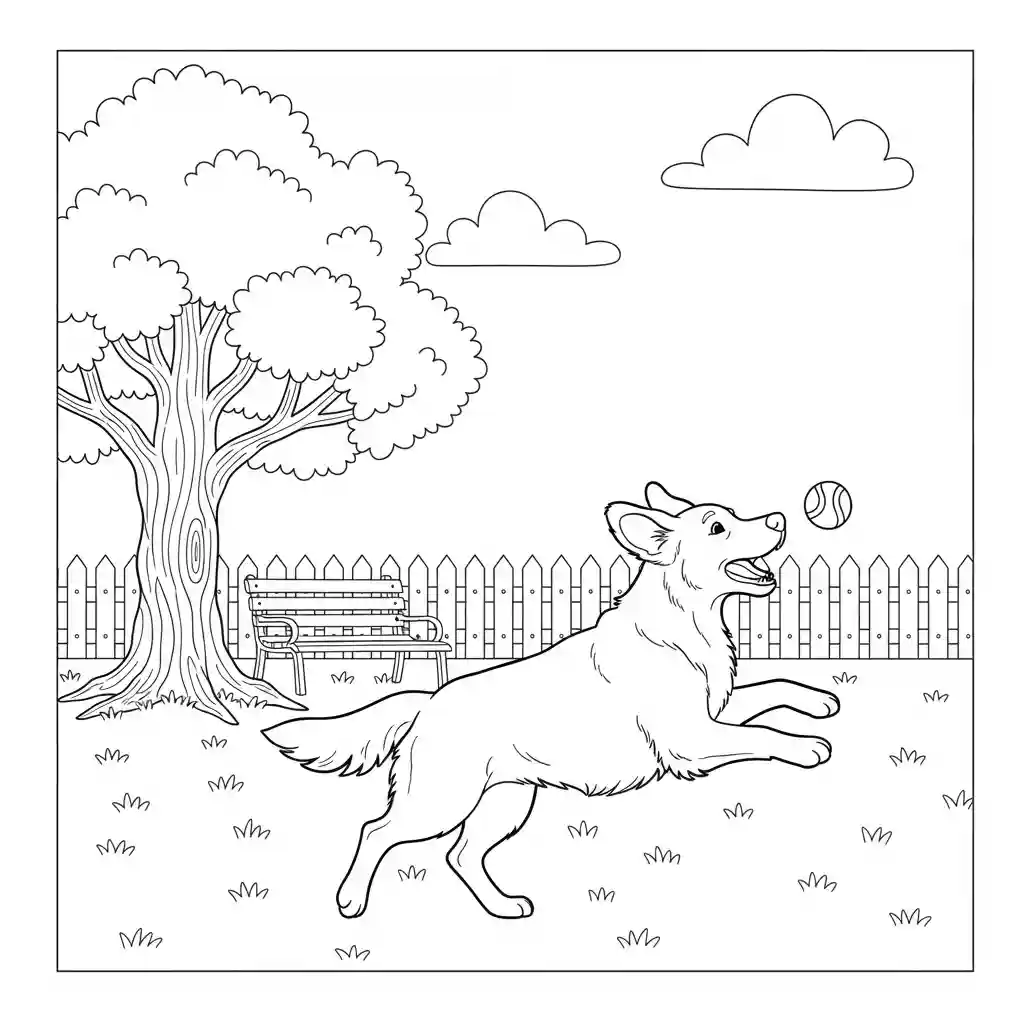 Dog Running in Park: Printable Coloring Page Line Art Lulu Pages