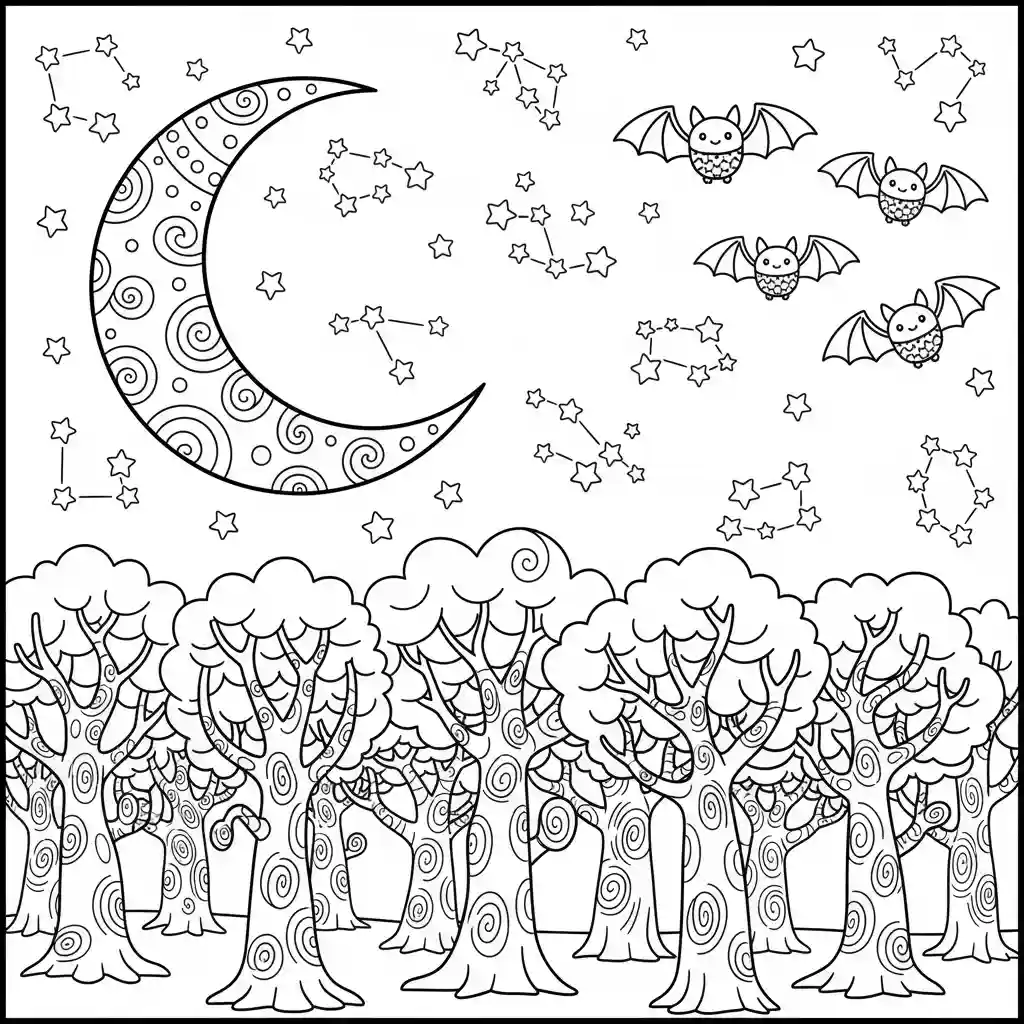 Detailed Night Scene Coloring Page: Line Art Stars and Moon Lulu Pages
