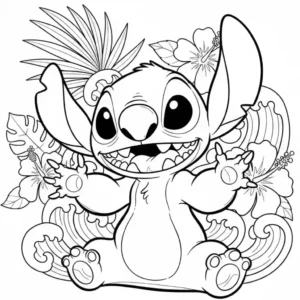 Disney Stitch Holding Flower Coloring Page - Printable B&W Line Art ...