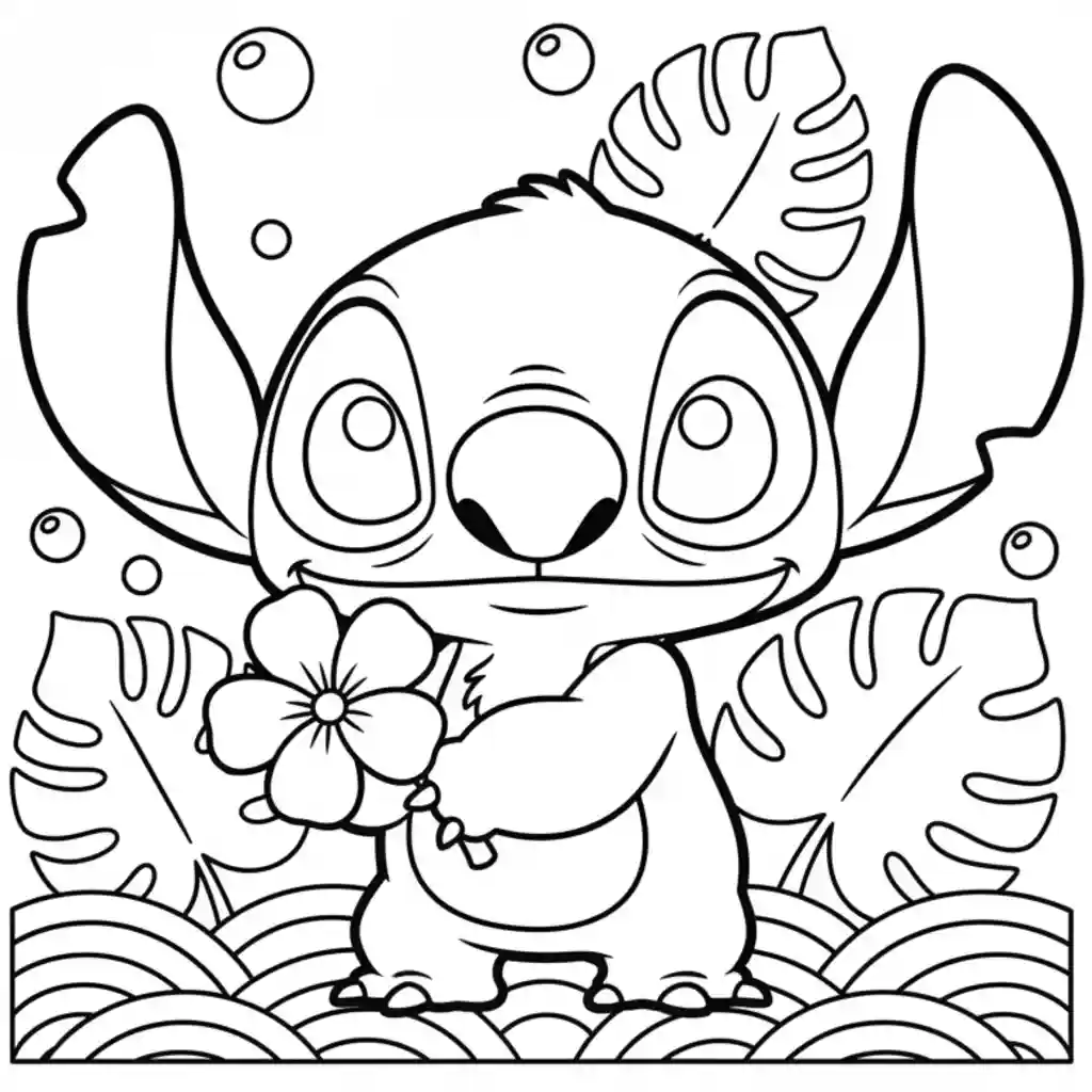 Disney Stitch Holding Flower Coloring Page - Printable B&W Line Art ...