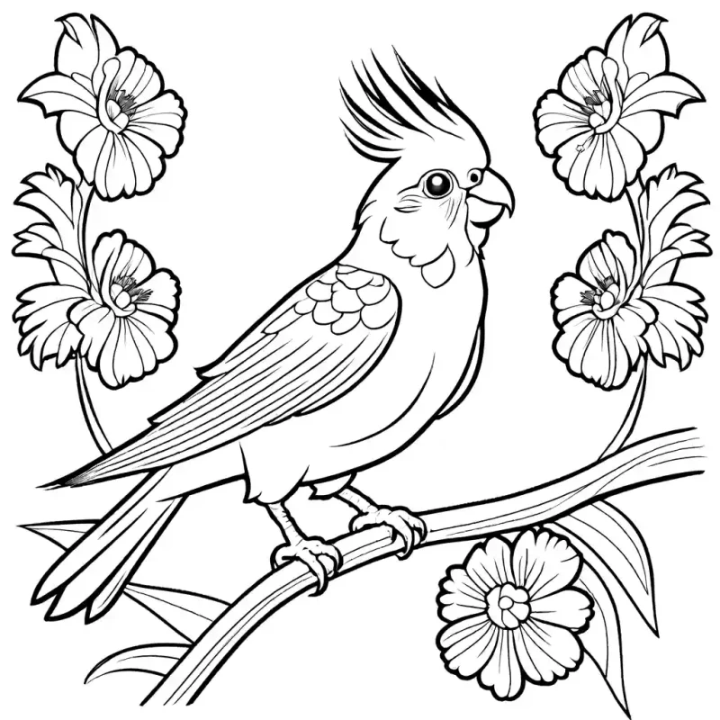 Cockatiel perched on a branch coloring page Lulu Pages