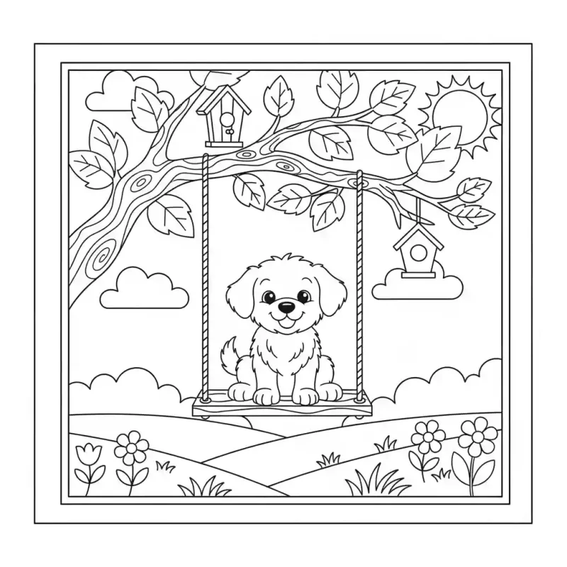 Happy Puppy Swinging Coloring Page for Kids Lulu Pages