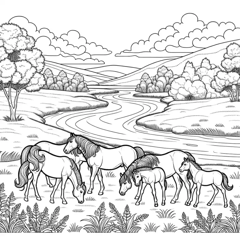 Horse family in meadow coloring page Lulu Pages